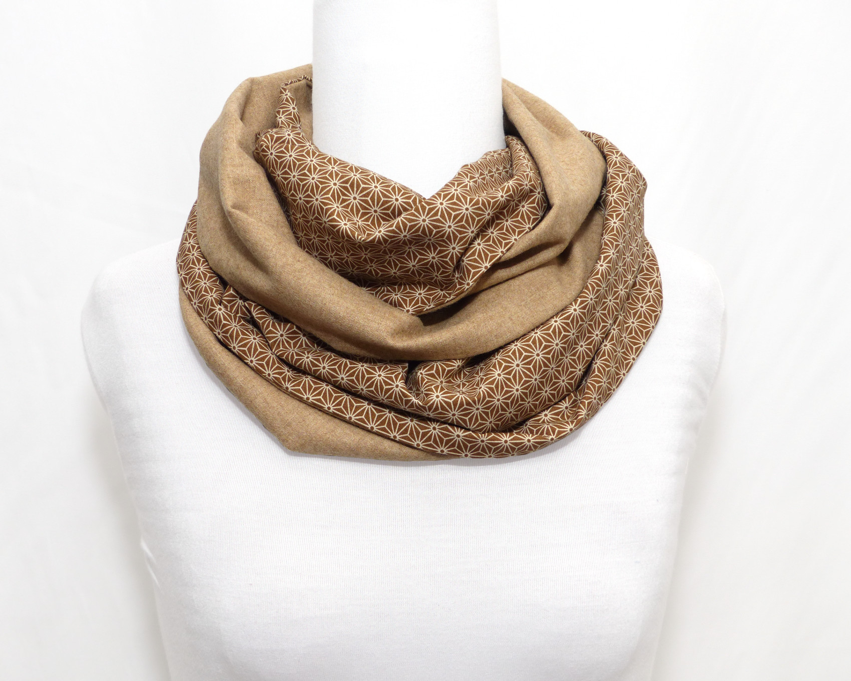 Infinity scarf, Beige Camel & Asanoha, Wool and Cotton; - Polina Couture