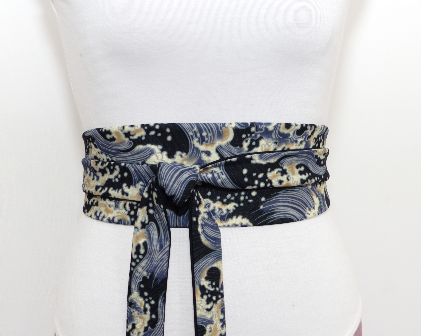 Black obi waist Belt, Navy wild waves - Polina Couture