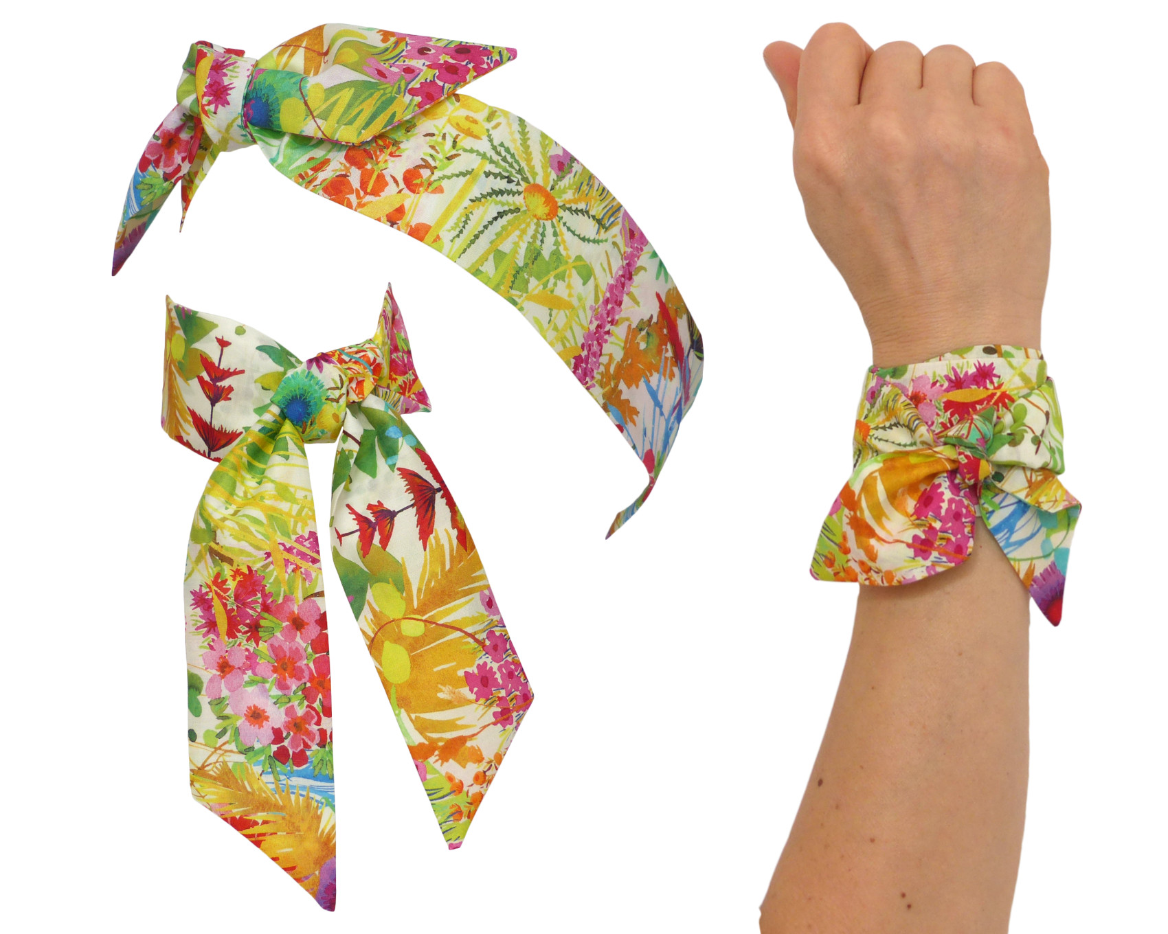Skinny Scarf / Band, Liberty London, Cream & Vivid Flowers - Polina Couture