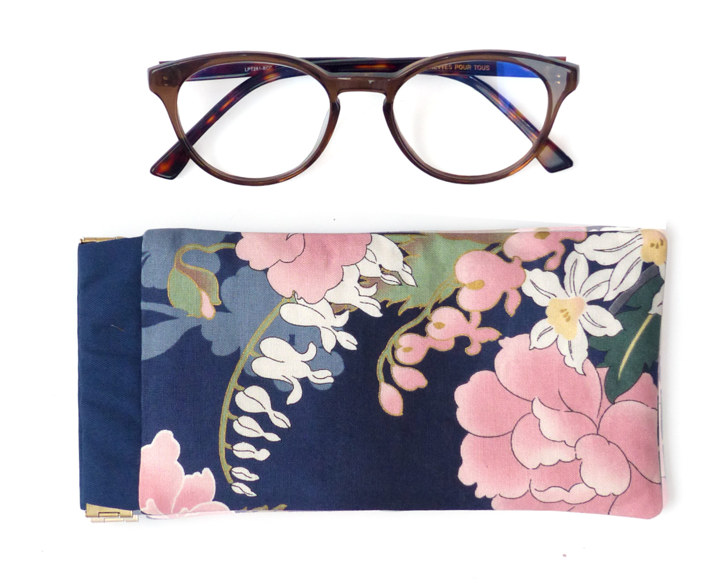 Navy soft Glasses Case, Elegant Japanese flowers