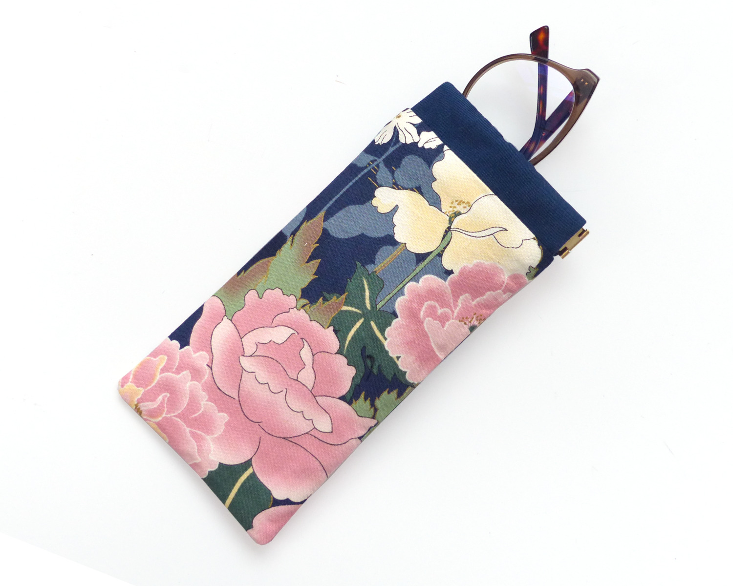 Navy soft Glasses Case, Elegant Japanese flowers