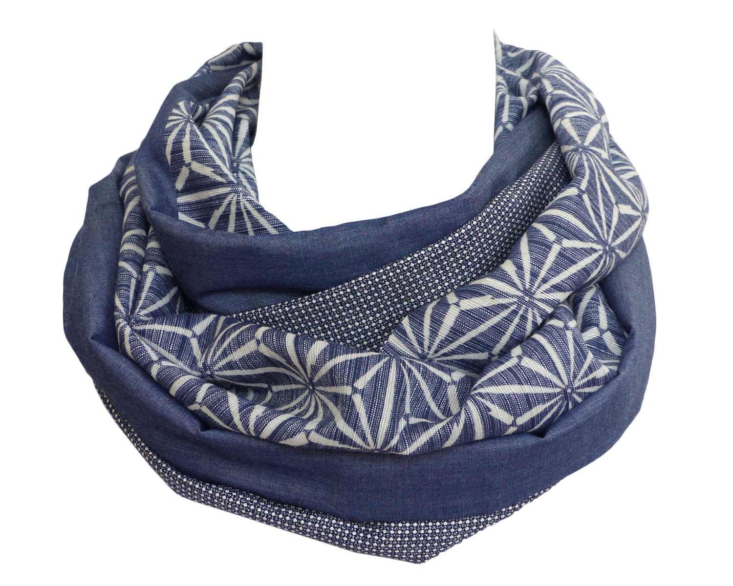 Écharpe Bleu, Laine caviar et Cotons Uni / Géométrique